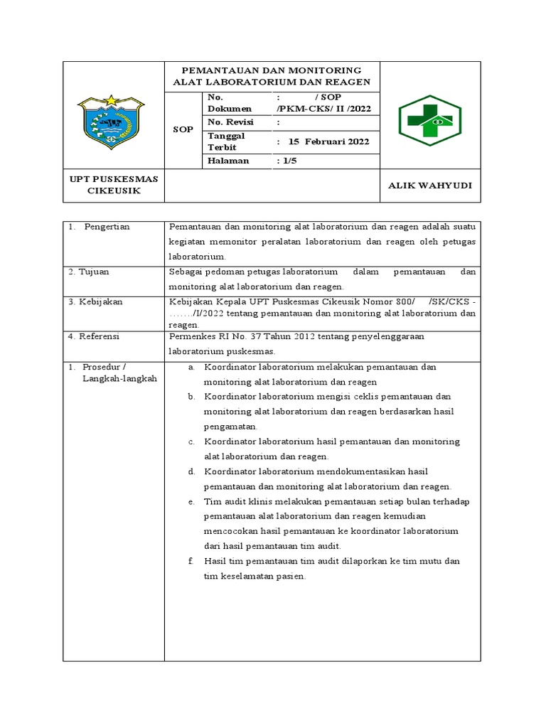 Sop Monitoring Dan Pemantauan Lab Dan Reagen | PDF | Sains & Matematika ...