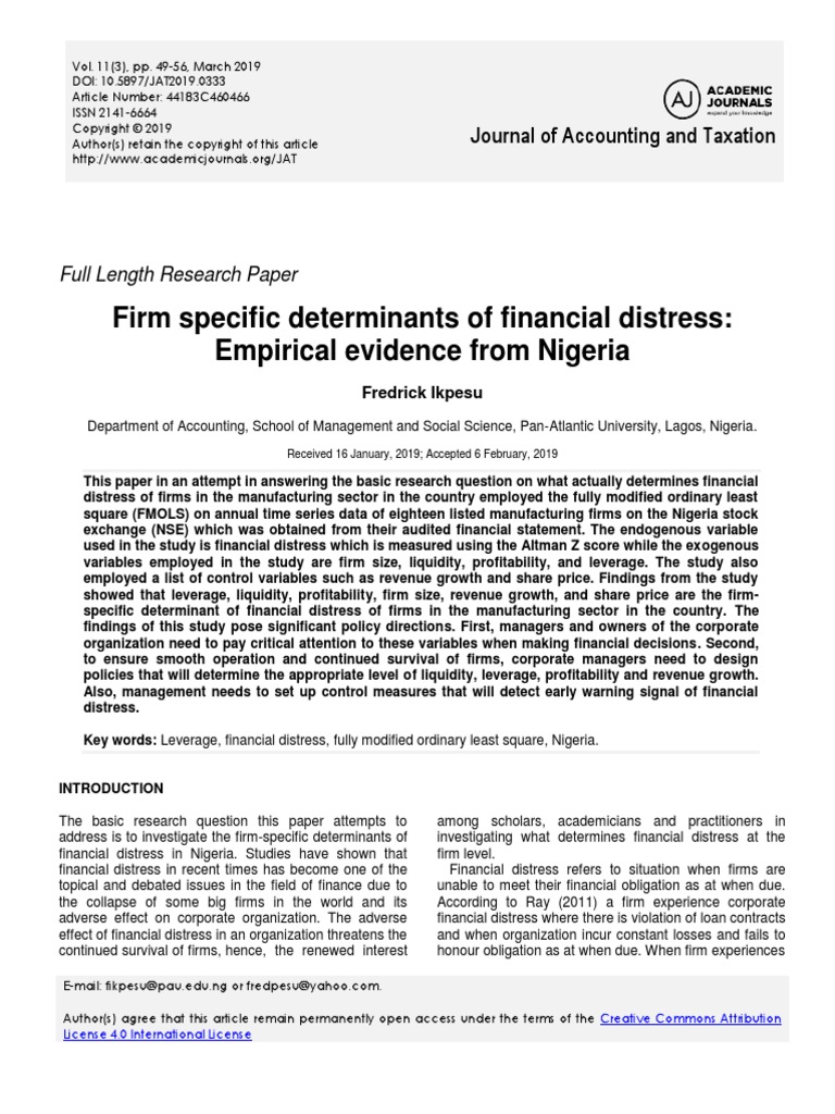 Firm Specific Determinants of Financial Distress E | PDF | Capital ...