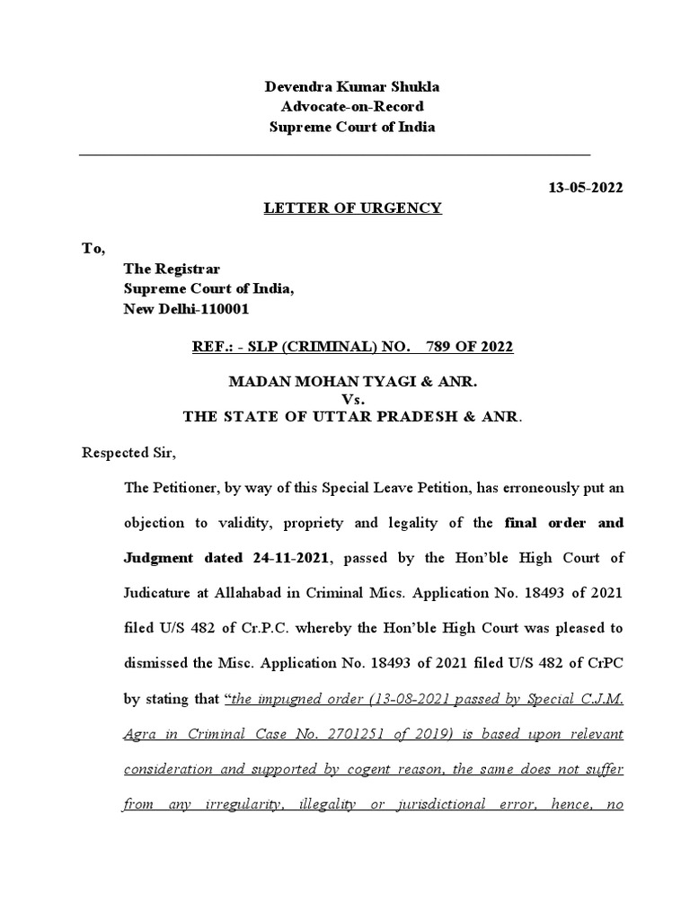 Devendra Kumar Shukla Urgency Letter | PDF | Justice | Crime & Violence