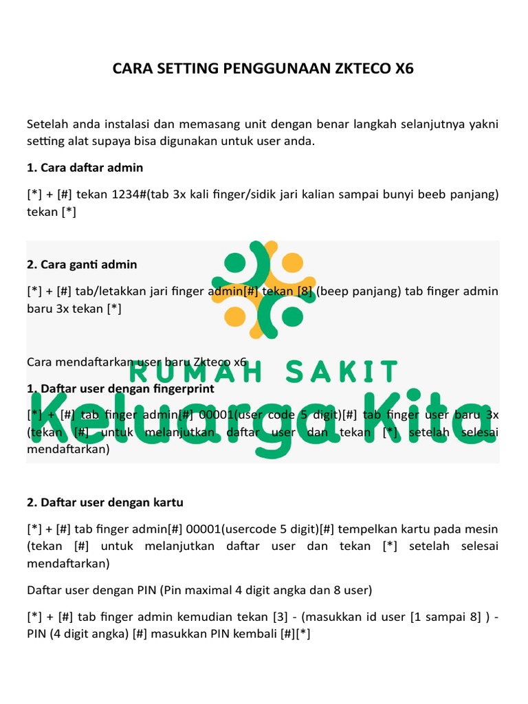Cara Setting Penggunaan Zkteco x6 | PDF