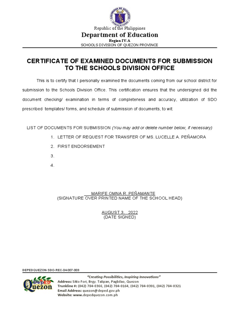 Department of Education: Certificate of Examined Documents For ...
