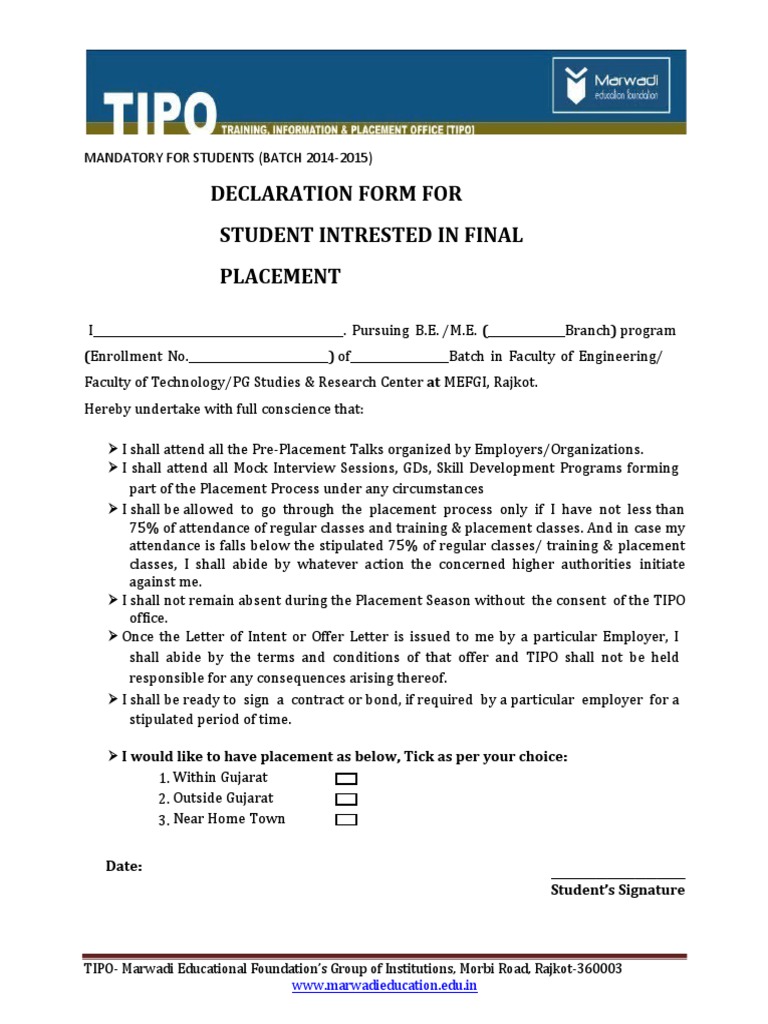 Placement Declaration Form for Students | PDF | Career & Growth
