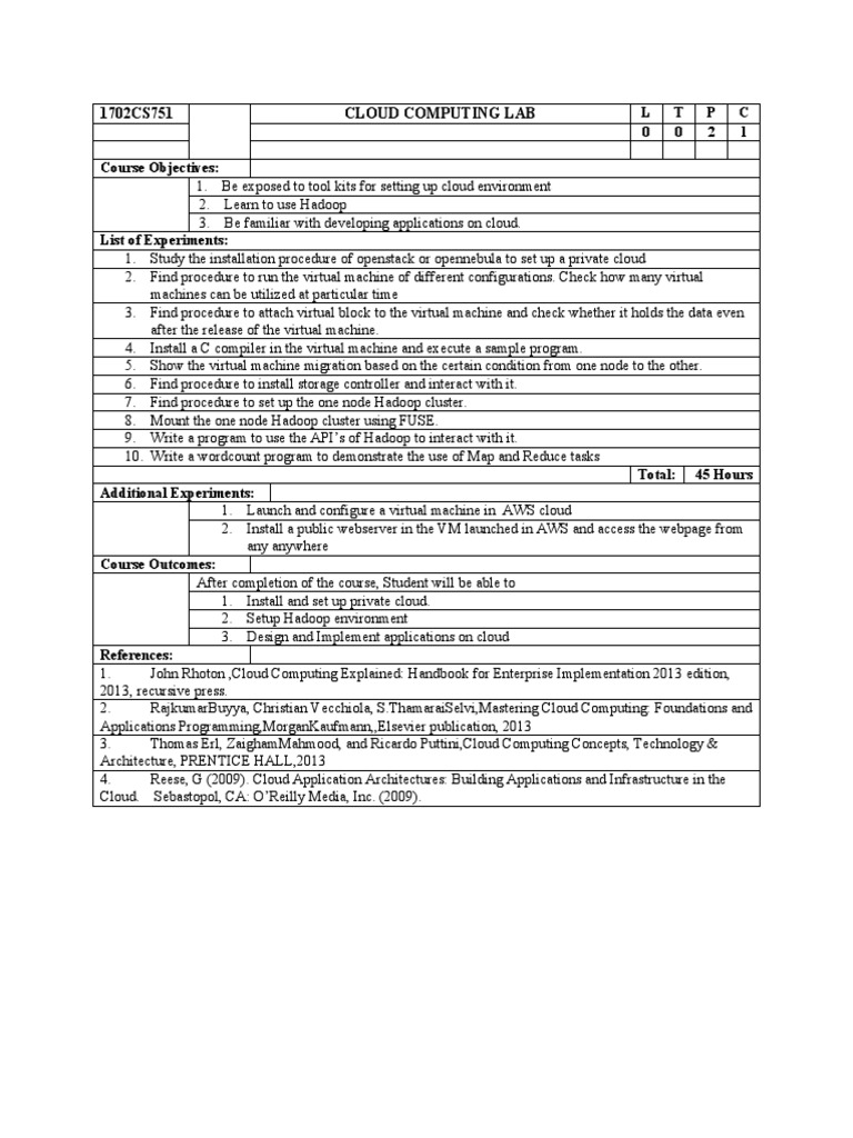 1702cs751 cloud computing lab syllabus | PDF | Cloud Computing | Apache Hadoop