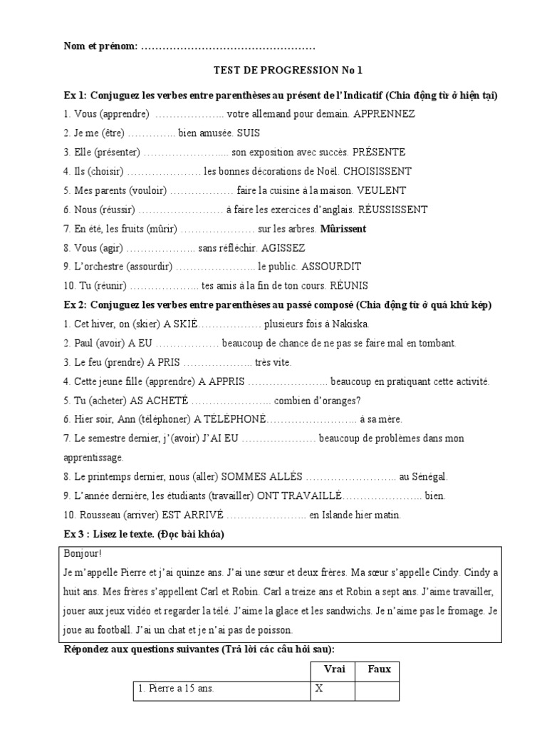 Test de Progression en Conjugaison et Compréhension | PDF | Arts du ...