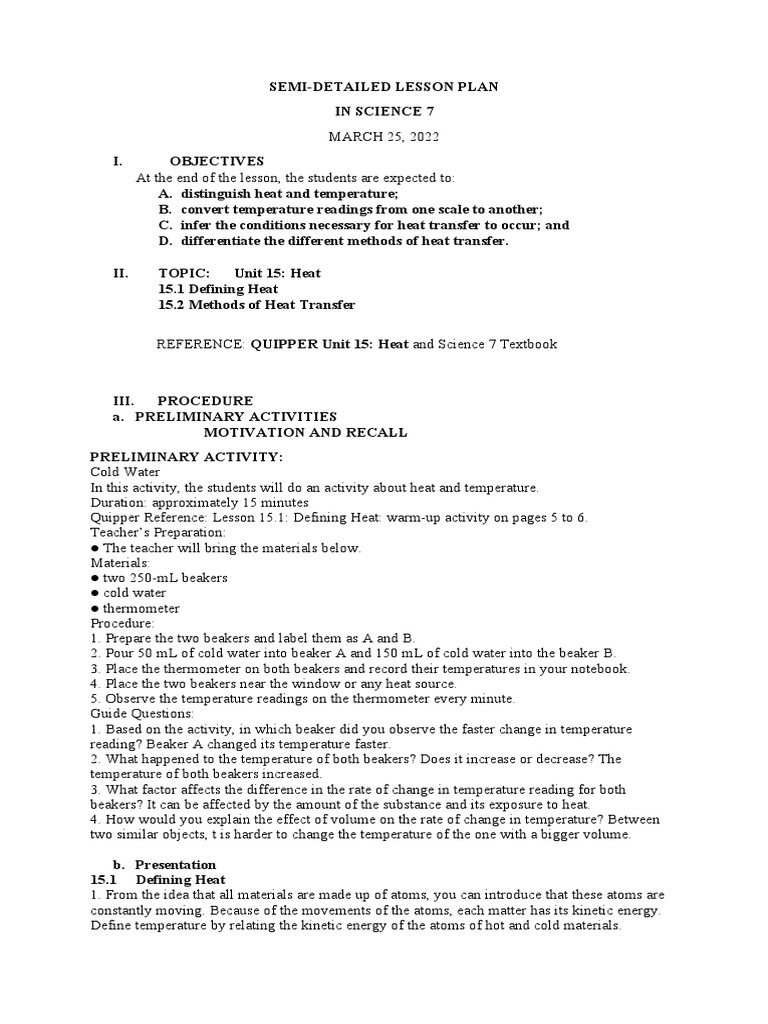 5 Lesson Plan On Heat | PDF | Heat Transfer | Temperature