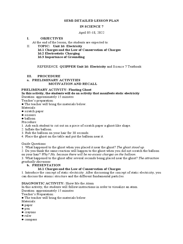 6 Lesson Plan in Electricity | PDF | Electric Charge | Electromagnetism