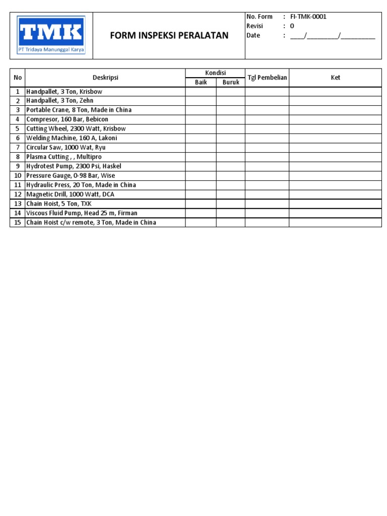 Form Inspeksi Peralatan | PDF