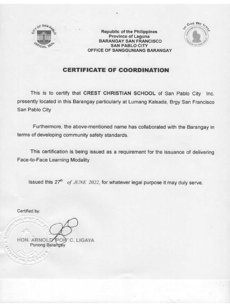 Certificate of Coordination | PDF