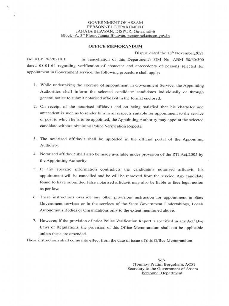 Discontinuance of Police Verification For Govt. Employment | PDF ...