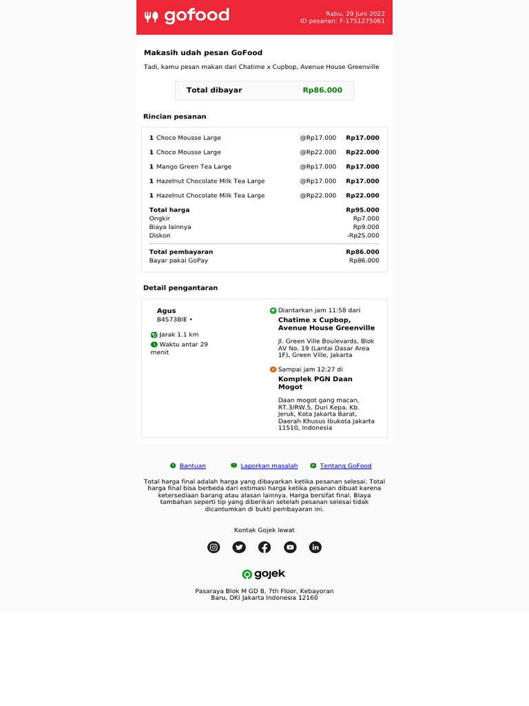 Struk Pembayaran GoFood Chatime | PDF