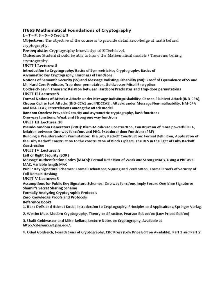 IT663 Mathematical Foundations of Cryptography | Download Free PDF | Cryptography | Security