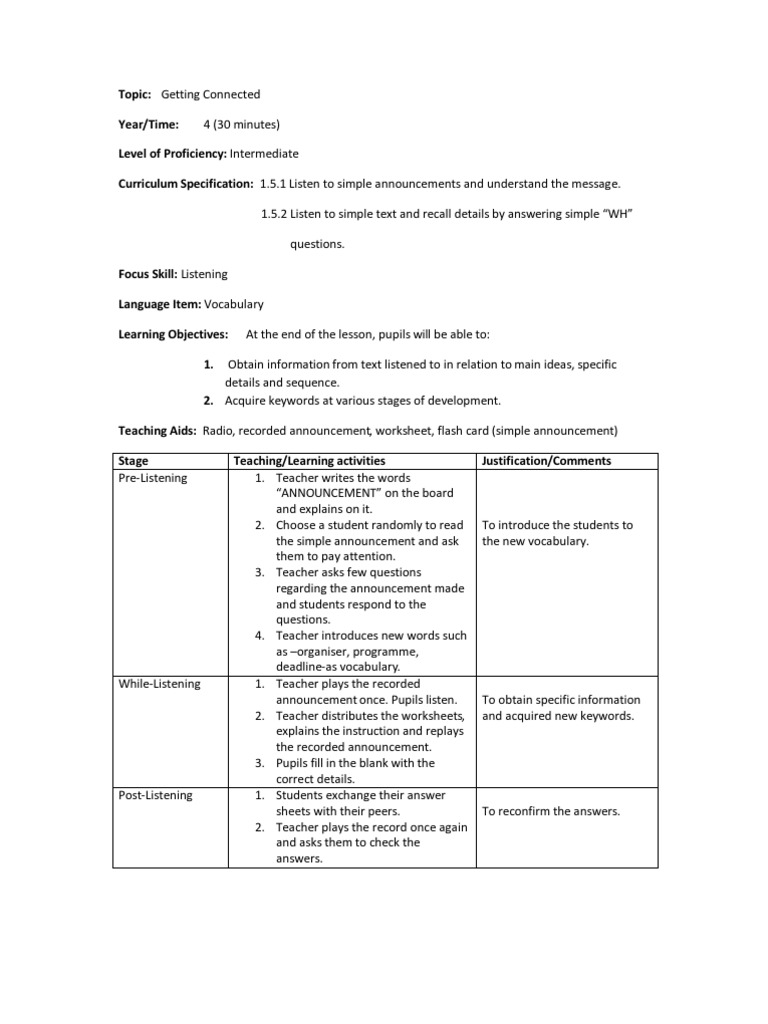 Grade 10 Listening Lesson Plan | PDF