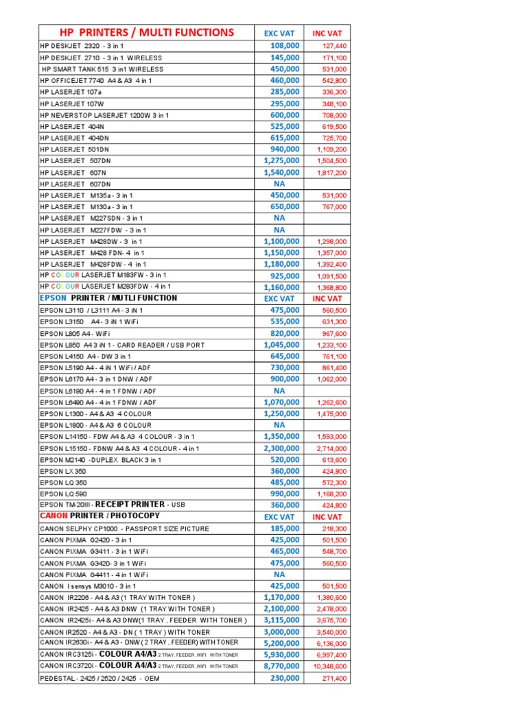 HP, Epson, Canon Printers Price List | PDF | Printer (Computing ...