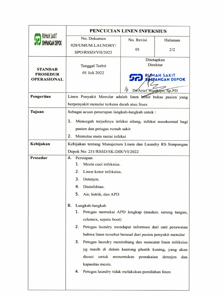 Spo Laundry Pencucian Linen Infeksius | PDF