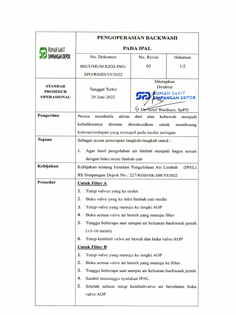 Spo Pengoperasian Backwash Pada Ipal | PDF