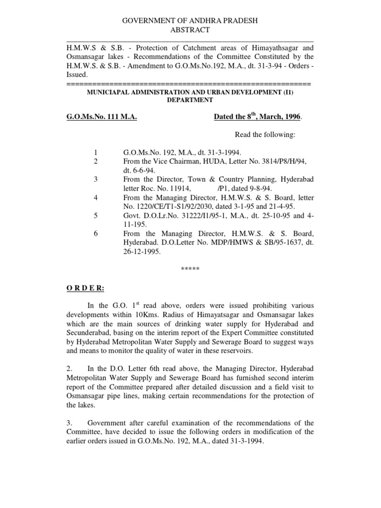 G.O.Ms.No. 111: Catchment Area Protection | PDF | Physical Geography ...