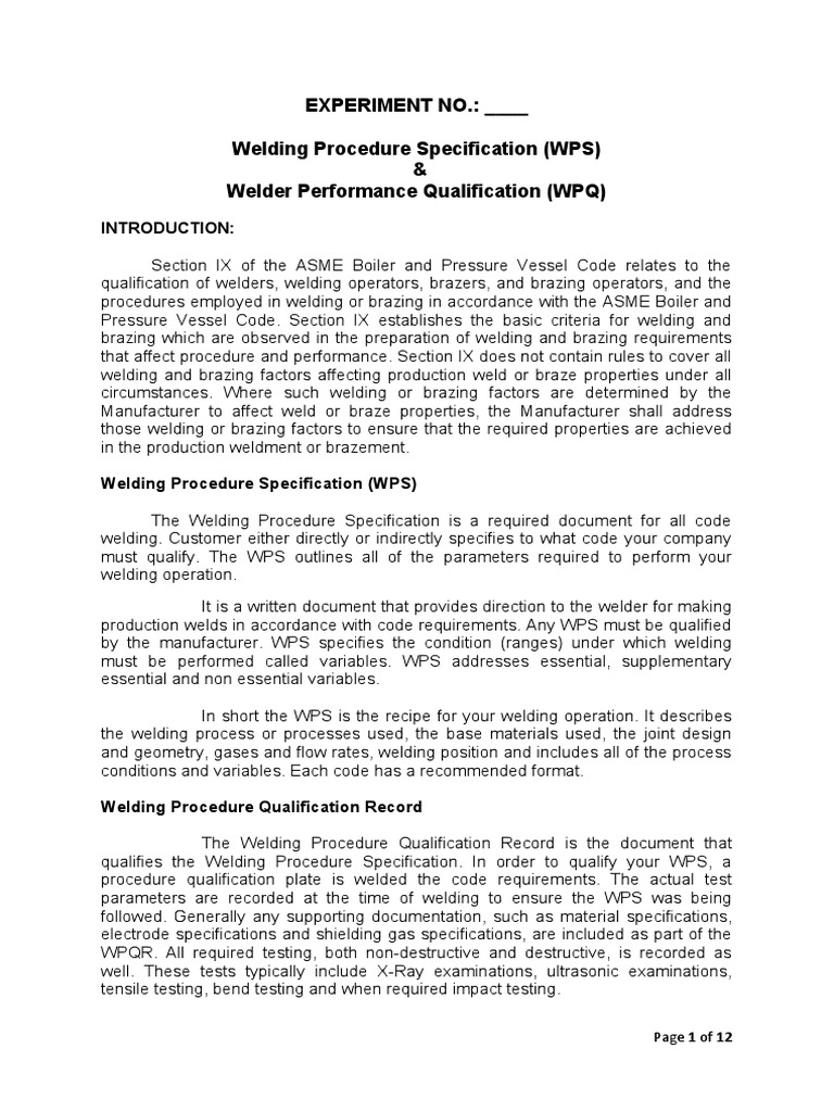 Experiment No.: - Welding Procedure Specification (WPS) & Welder ...