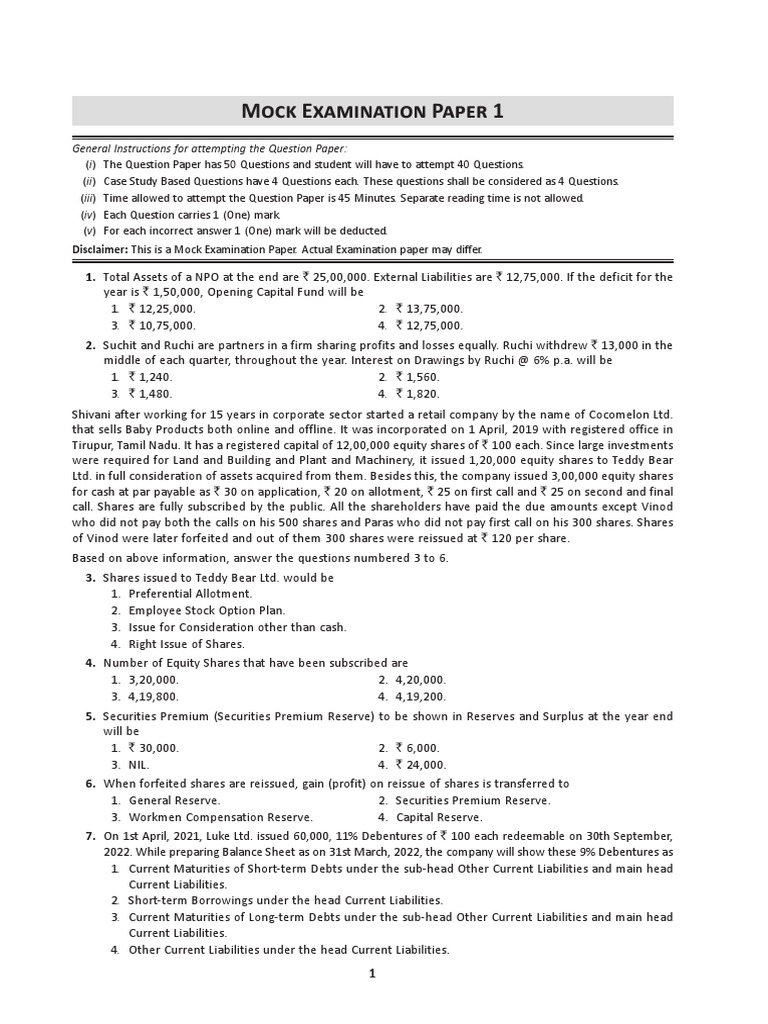Mock Paper-1 (WIth Answer) | PDF | Debits And Credits | Equity (Finance)
