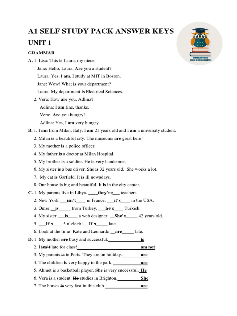A1 Self Study Pack Answer Keys: Unit 1 | PDF | Adverb | Plural