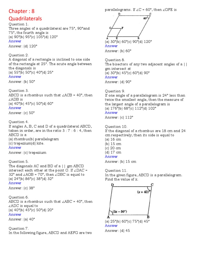 Maths STD 9 MCQs Chap 8 | PDF | Rectangle | Polytopes