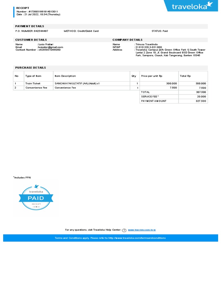 Traveloka Payment Receipt #1738931661914013011 | PDF