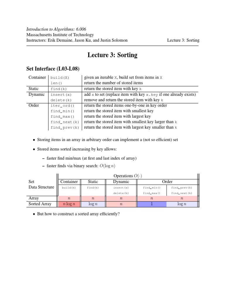 Lecture 3: Sorting: Set Interface (L03-L08) | PDF | Array Data ...