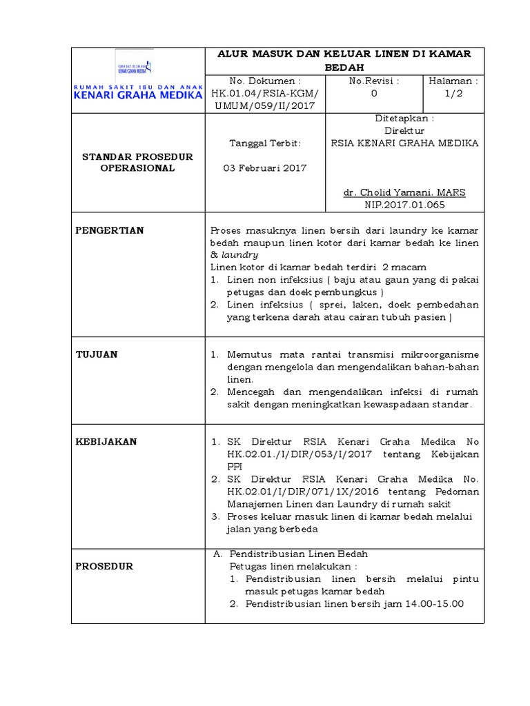 Spo Alur Masuk Dan Keluar Linen Di Kamar Bedah | PDF