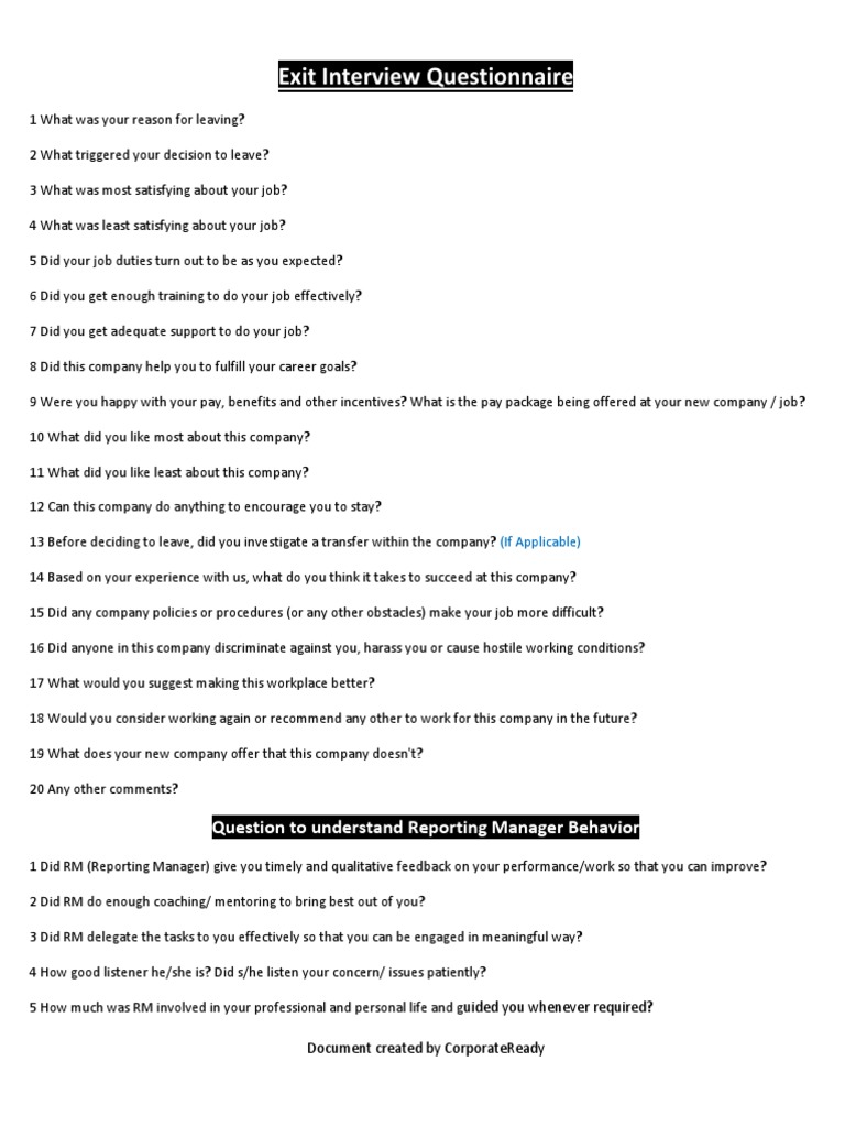 Exit Interview Questionnaire | PDF