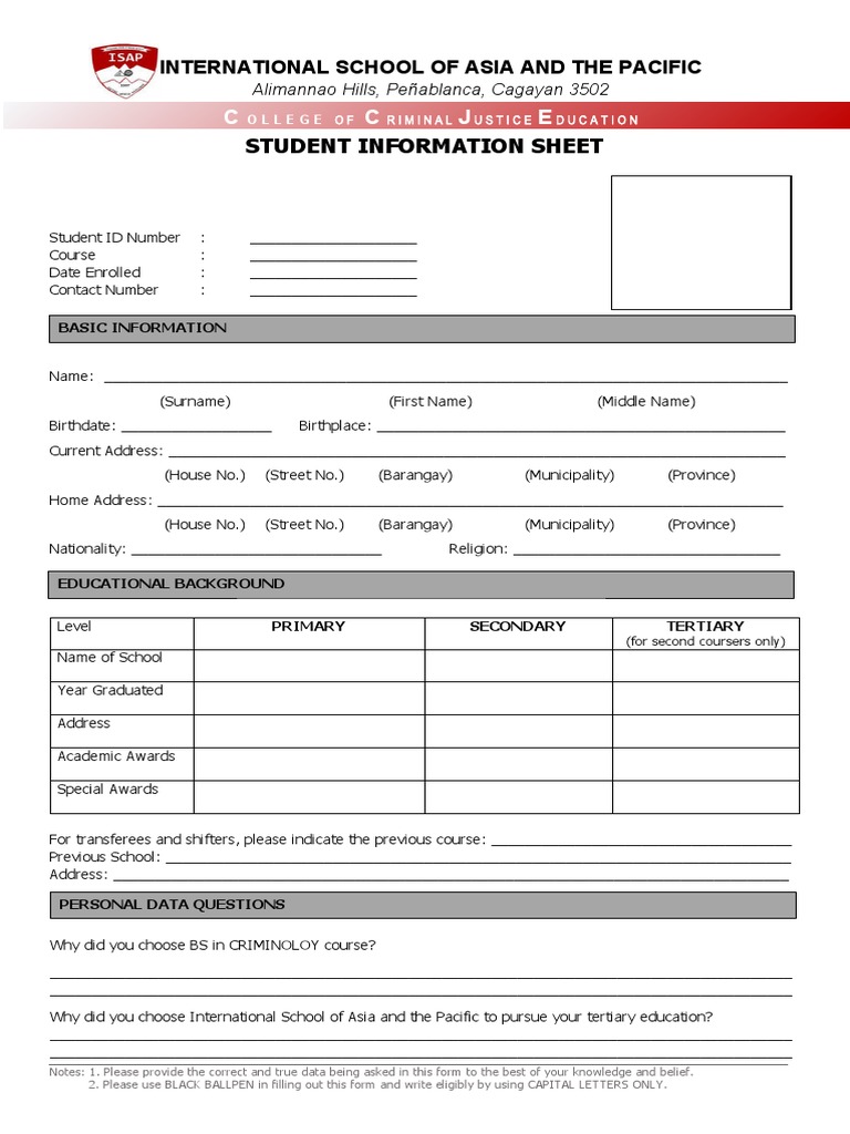 Student Information Sheet Guide | PDF | Knowledge