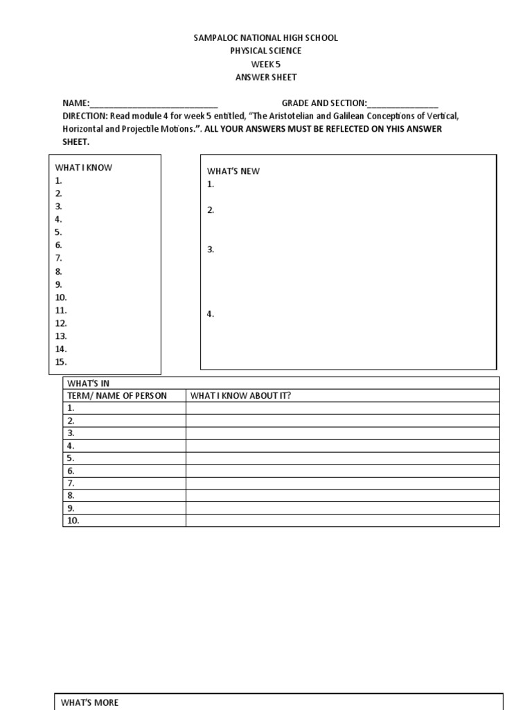 Answer Sheet (Physical Science) | PDF