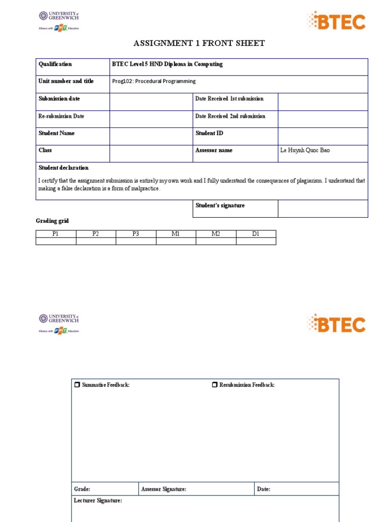 Prog102 - Assignment 1 Frontsheet | PDF | Computer Program | Programming