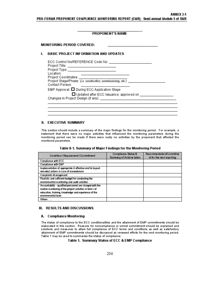 Proponent Compliance Monitoring Report | PDF | Environmental Monitoring ...