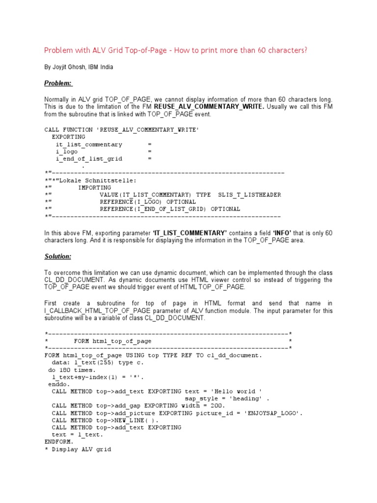 Problem With ALV Grid Top-of-Page - How To Print More Than 60 Characters | PDF | Subroutine ...