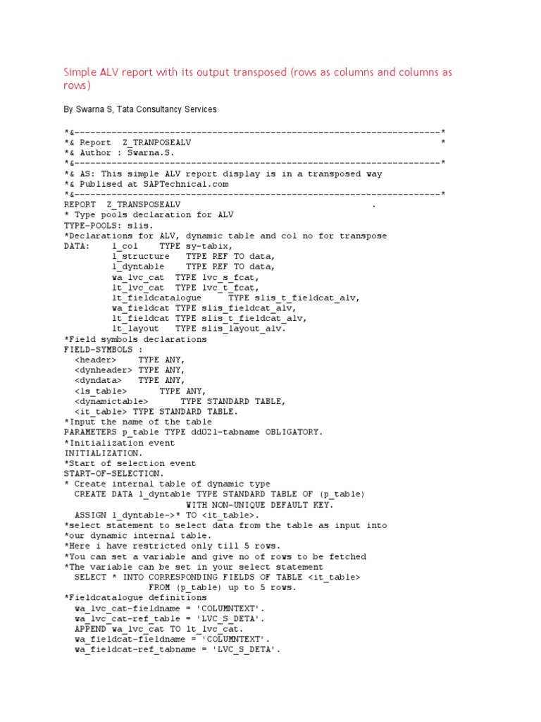 Simple Alv Report Transposed Into Rows And Columns Pdf Database Index Parameter Computer 