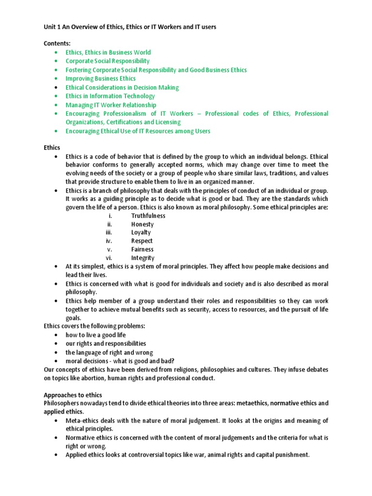 Unit 1 An Overview of Ethics, Ethics For IT Workers and IT Users | PDF ...