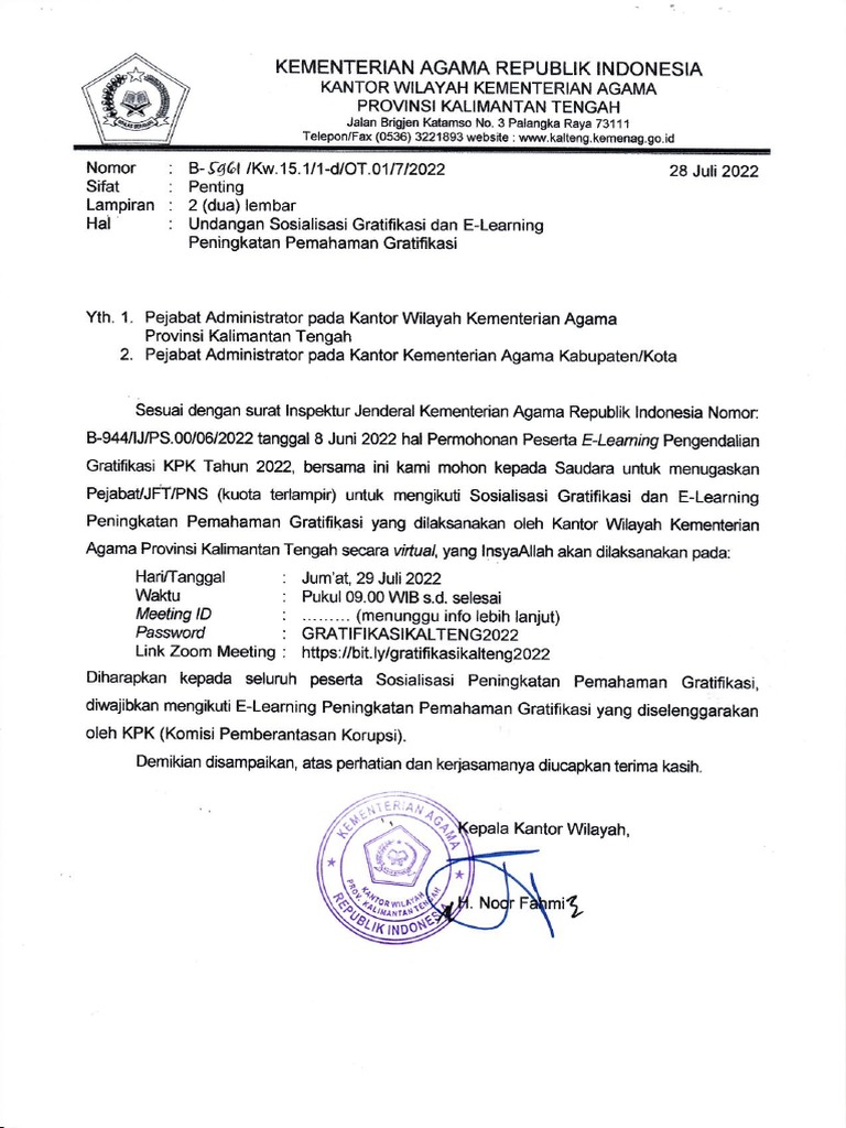 Undangan Sosialisasi Gratifikasi Dan E-Learning Peningkatan Pemahaman Gratifikasi 2022 | PDF