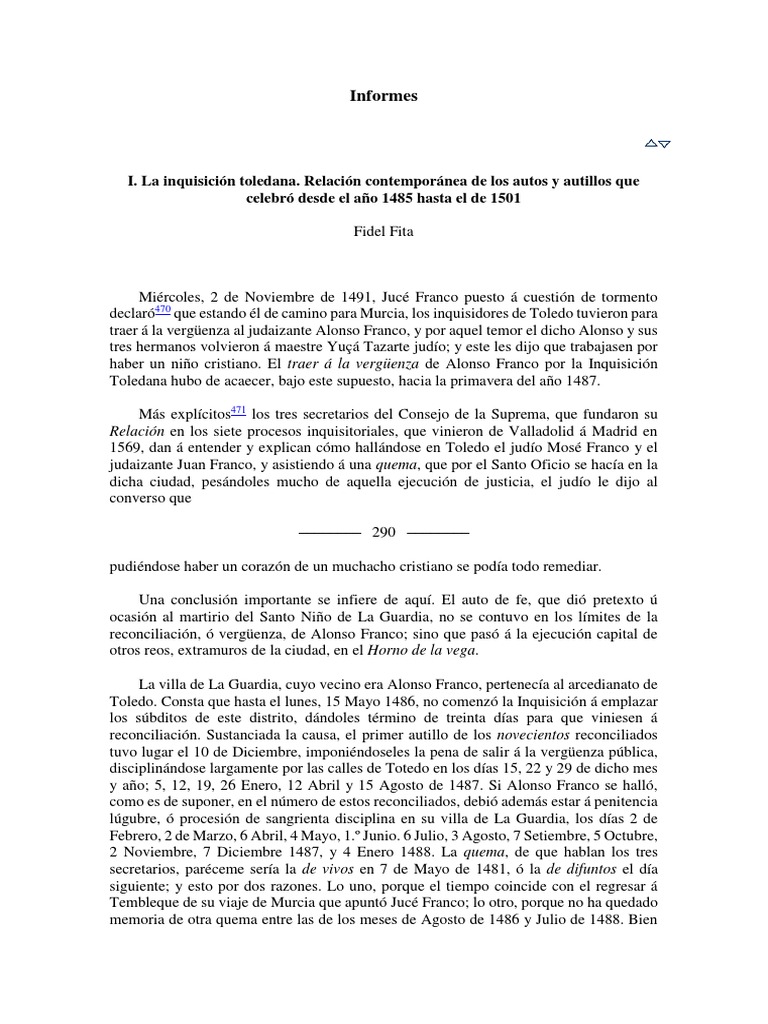 1887-4 FIDEL FITA La Inquisición Toledana. Relación Contemporánea de ...