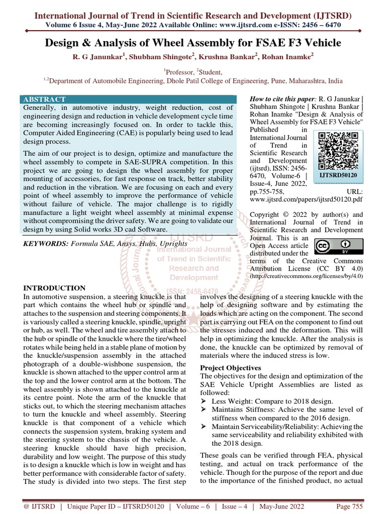 Design and Analysis of Wheel Assembly For FSAE F3 Vehicle | PDF | Axle ...