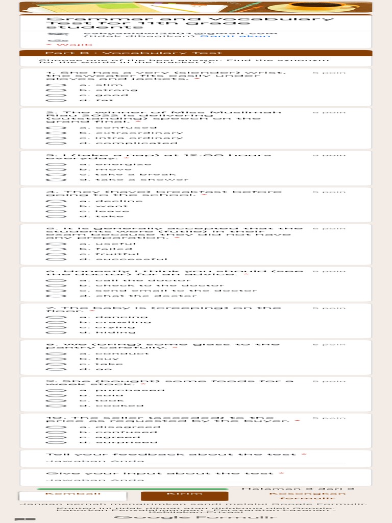 Grammar and Vocabulary Test For 11th Grade Students | PDF
