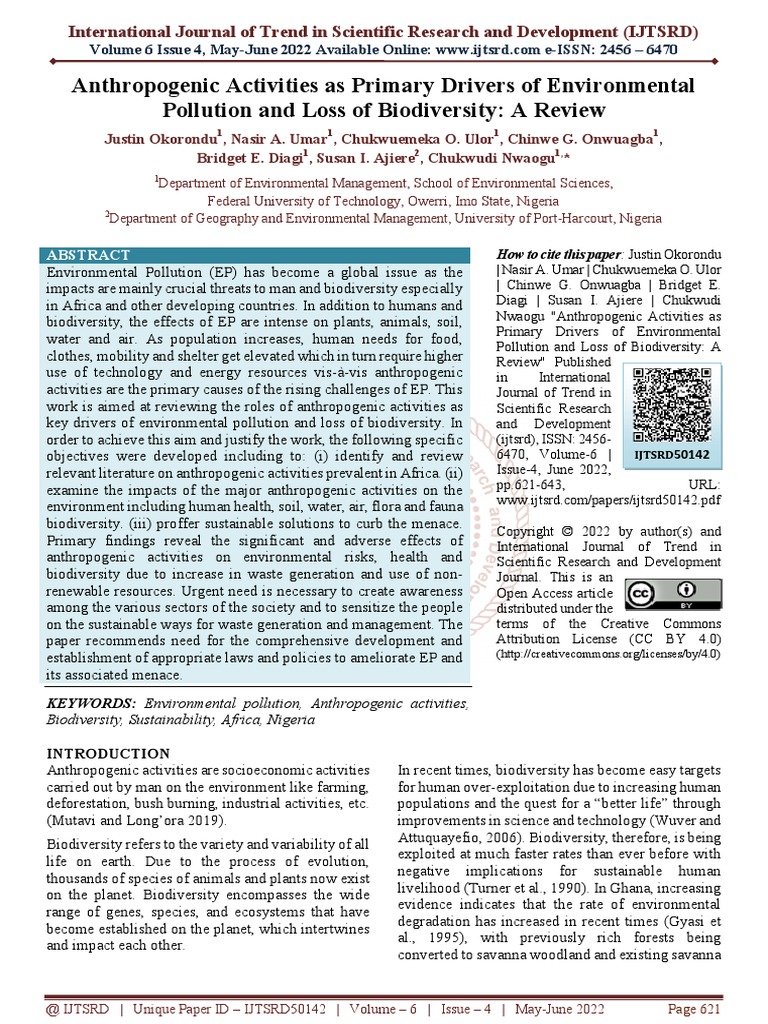 Anthropogenic Activities As Primary Drivers of Environmental Pollution ...