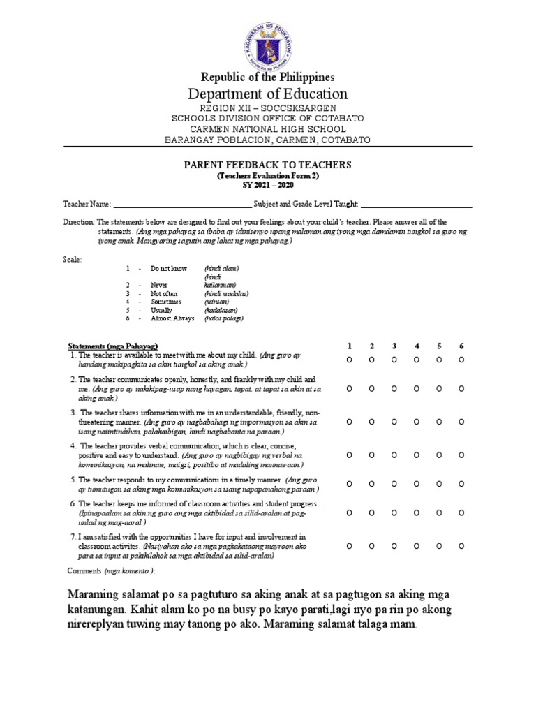 Parent Feedback To Teachers | PDF