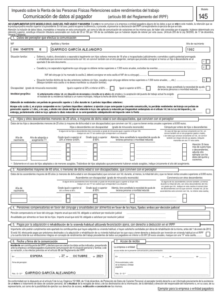 Modelo 145 Modelo 145 IRPF Comunicacion Datos Al Pagador | PDF ...