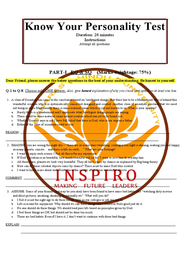IQ-EQ-SQ Test Know Your Personality | PDF | Intelligent Design | God