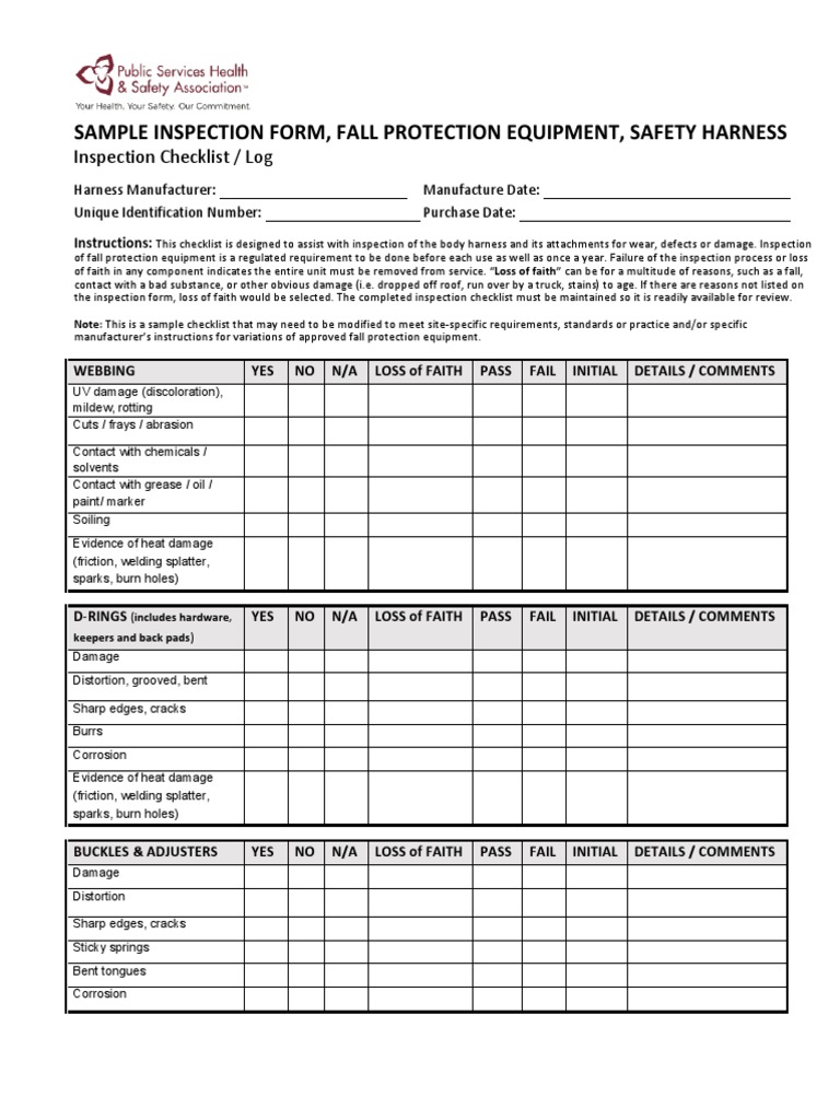 Sample Inspection Form, Fall Protection Equipment, Safety Harness | PDF ...