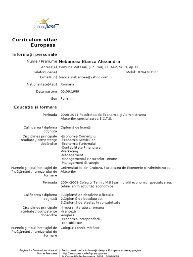 Model CV Curriculum Vitae European Romana Silvia Tatiana 2. | PDF