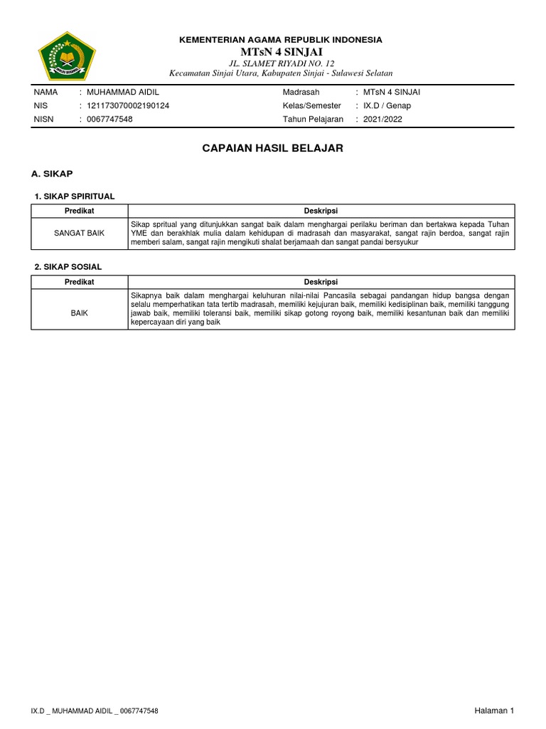 Rapor IX.D - MUHAMMAD AIDIL - 0067747548 | PDF