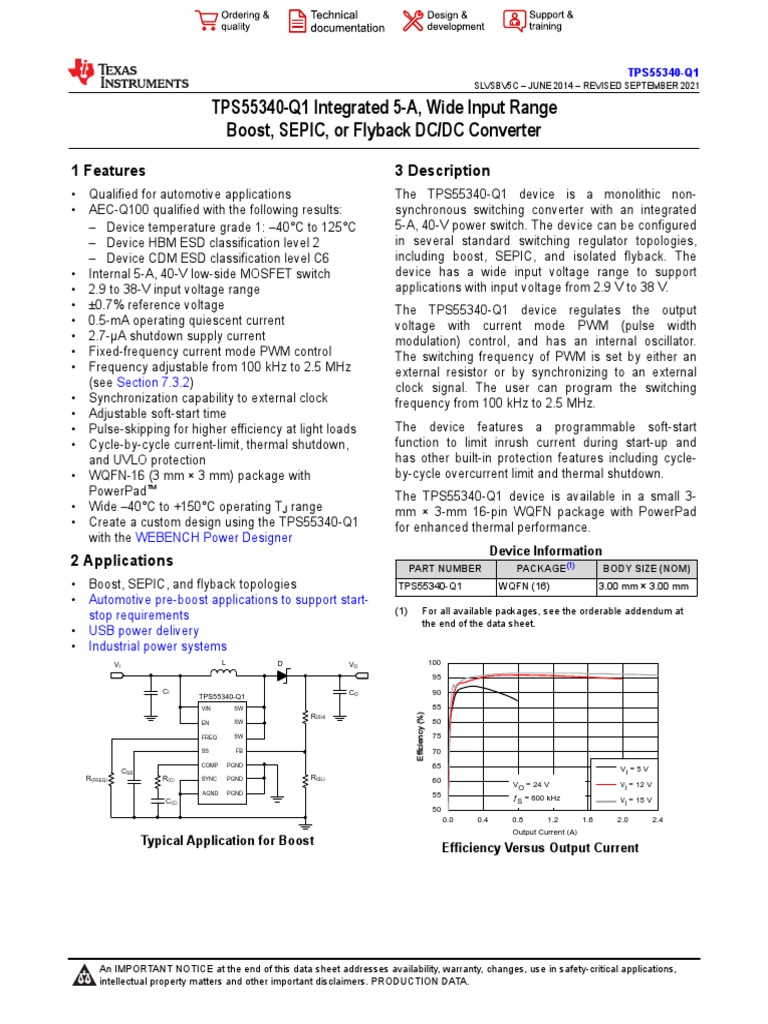 TPS55340-Q1 Integrated 5-A, Wide Input Range Boost, SEPIC, or Flyback ...