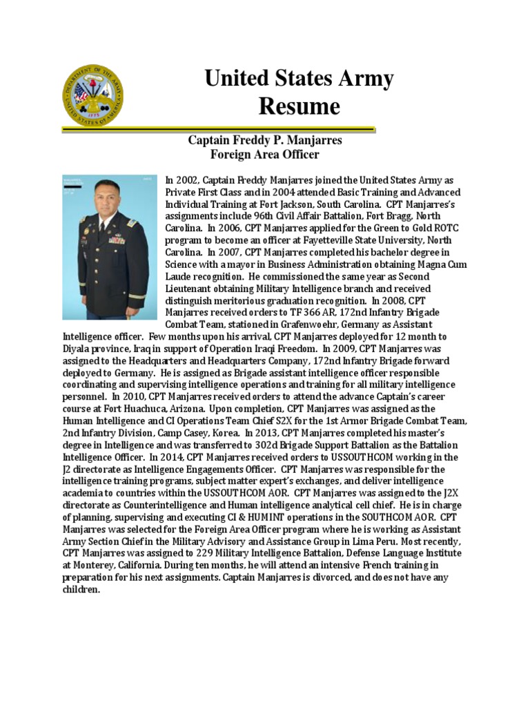 CPT Manjarres Resume | PDF | Counterintelligence | United States Army