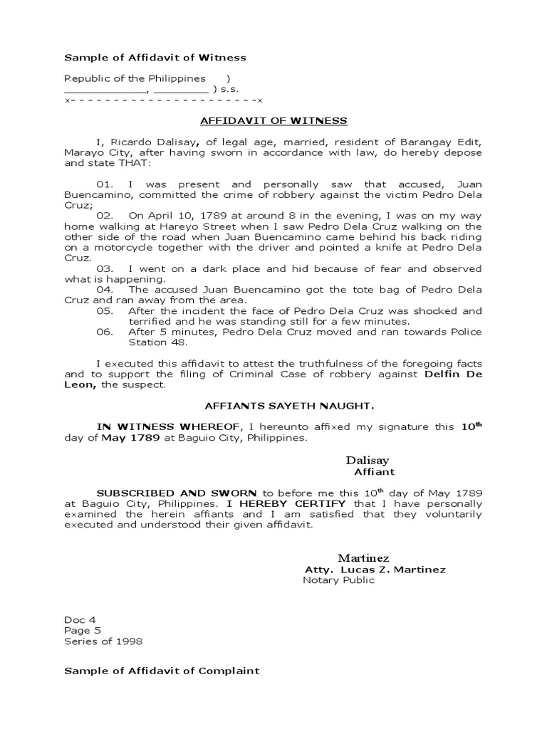 Sample of Affidavit of Witness | PDF | Affidavit | Justice