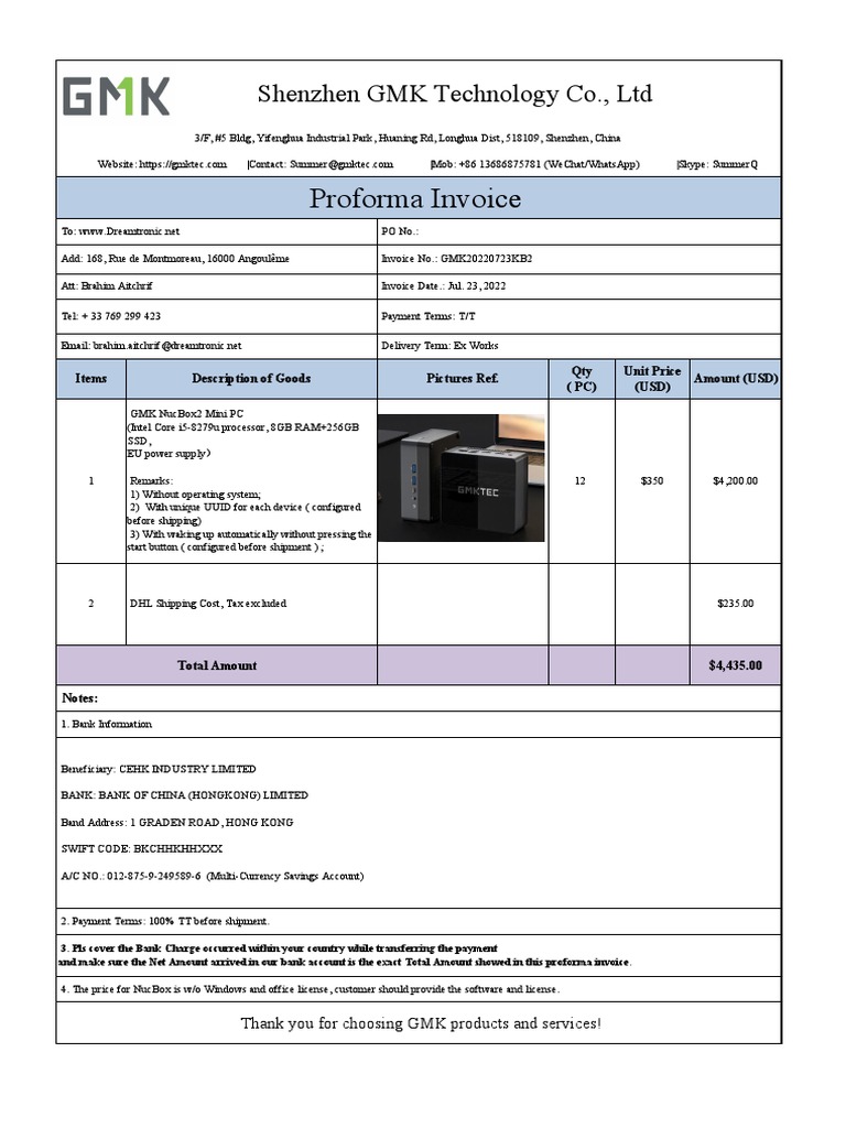 KB2 Proforma Invoice For | PDF | Computer Science | Computer Hardware